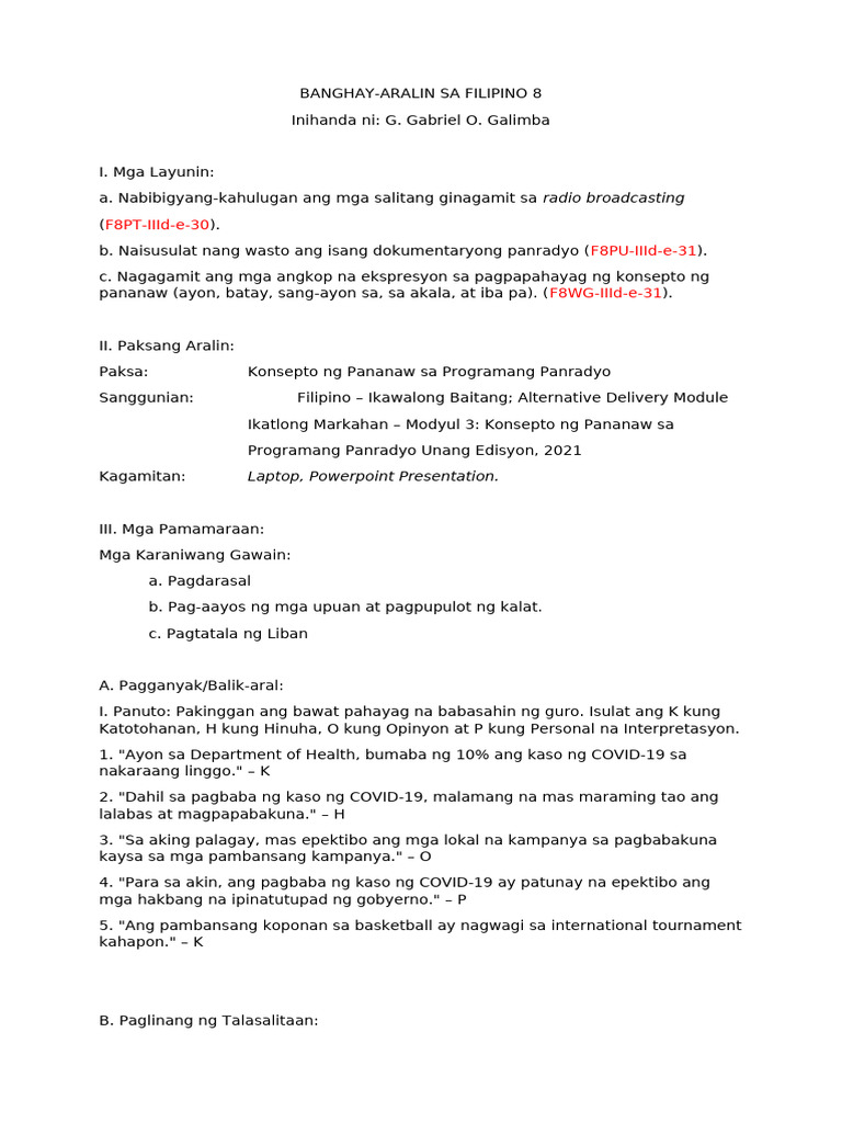Filipino Q3 Module 3 - Semi Detailed Lesson Plan | PDF