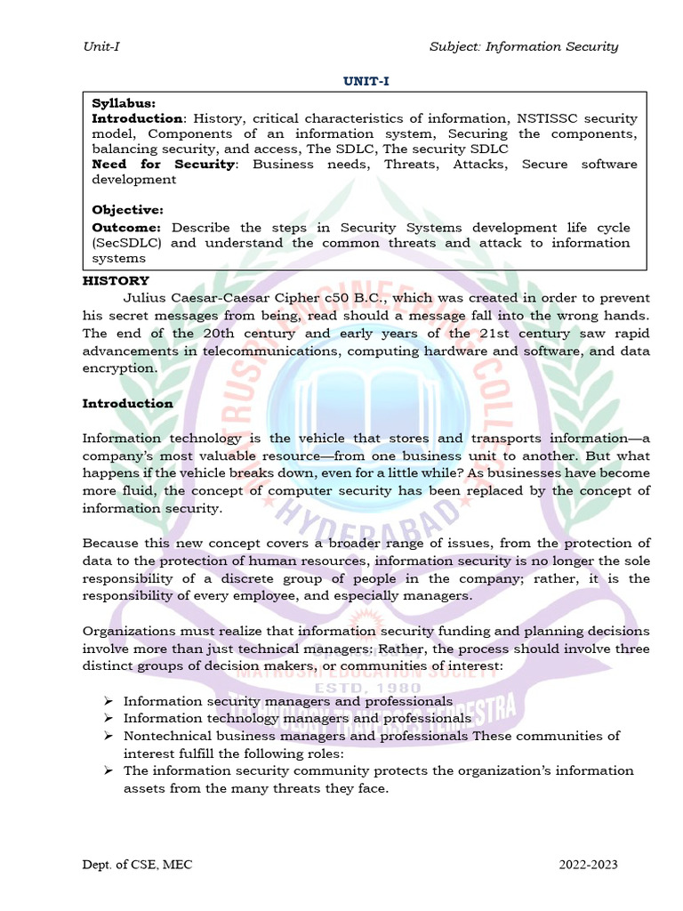 Information Security UNIT-1 Notes | PDF | Malware | Computer Virus