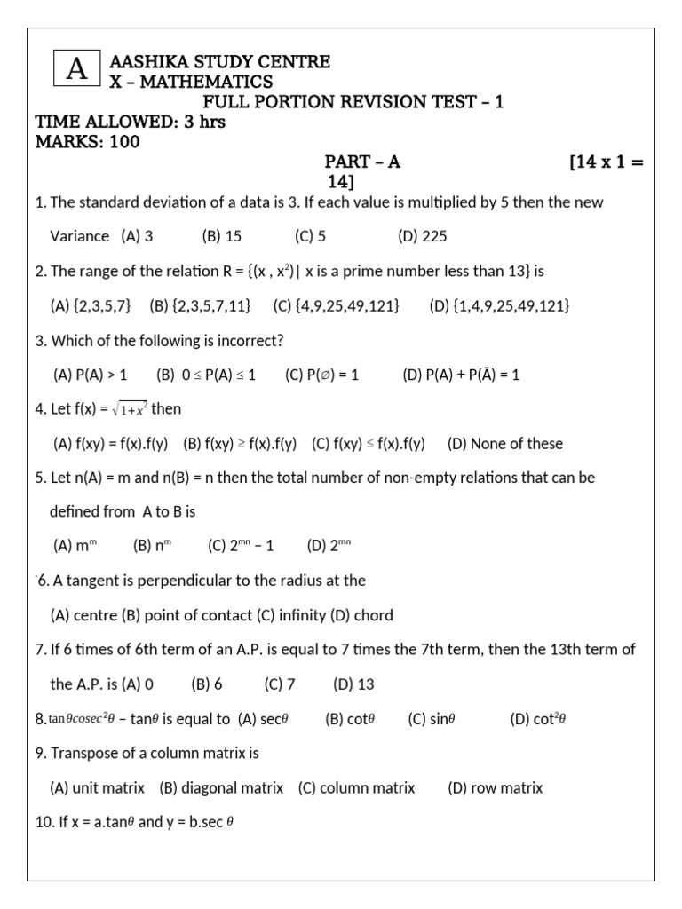 10th Math Full Portion Set A | PDF | Matrix (Mathematics) | Sphere