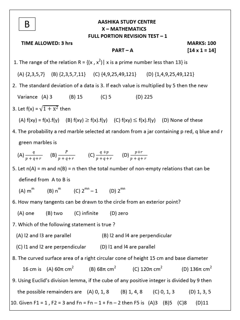 10th Math Full Portion Set B | PDF | Sphere | Mathematics