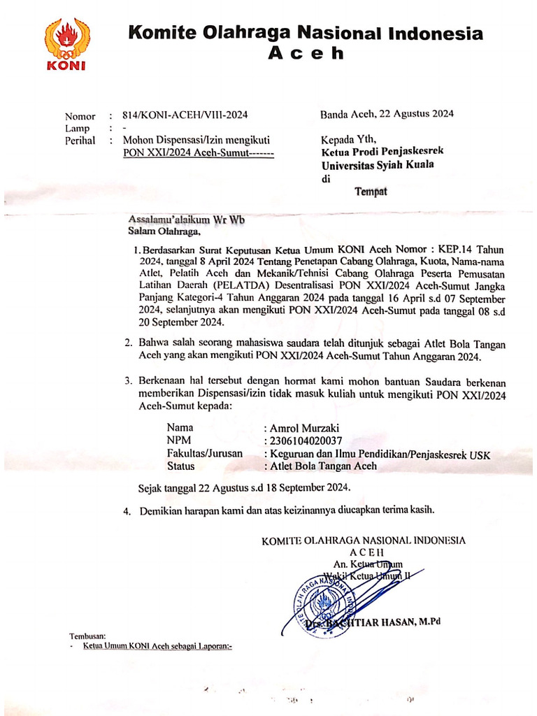 Surat Izin Dispentasi AMROL MURZAKI | PDF