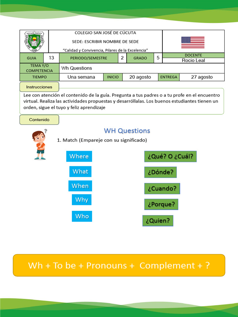 Guía de WH Questions para 5° Grado | PDF