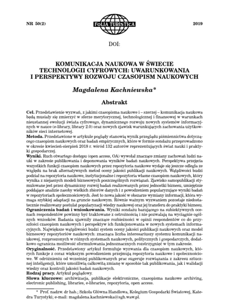 Kachniewska Magdalena Komunikacja Naukowa W Swiecie Technologii Cyfrowych Przyszłosc Czasopism ...