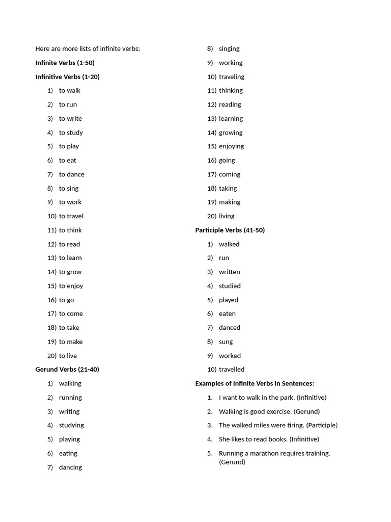 Lists of Infinite Verbs | PDF
