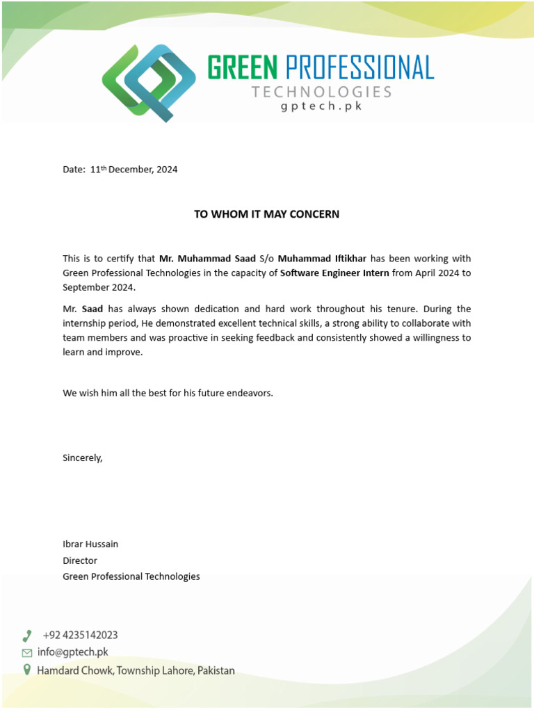 Internship Letter GP Tech Muhammad Saad | PDF