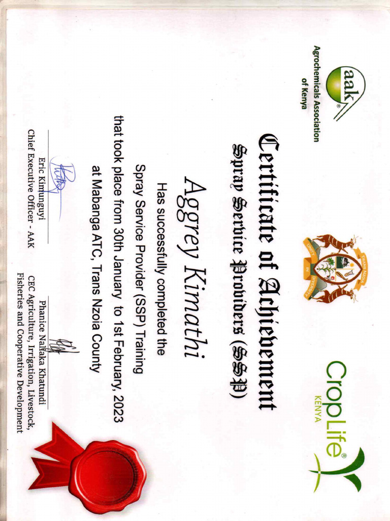 Aggrey Kimathi Crop Life Certificate | PDF