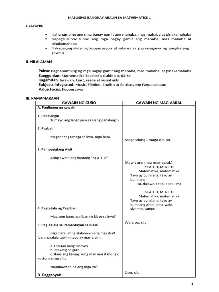 Masusing Banghay Aralin Sa Mathematics 1 | PDF