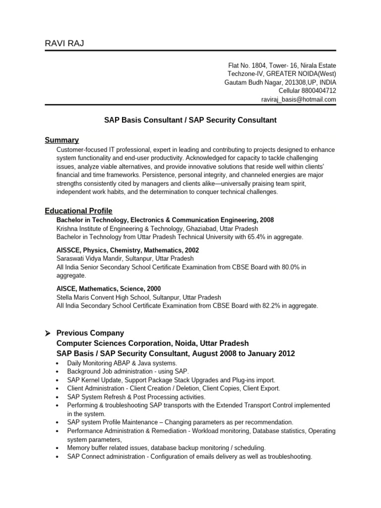 SAP Basis & Security Consultant Profile | PDF | Ibm Db2 | Databases