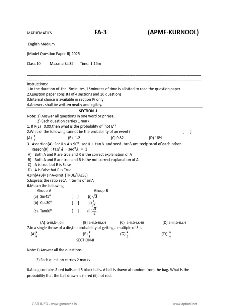 10th Maths FA 3 Model Paper Model 2 | PDF | Mathematics