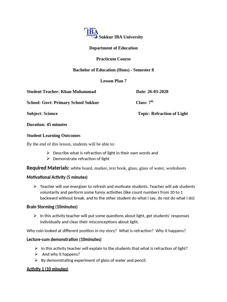 Refraction of Light Lesson Plan 2 | PDF