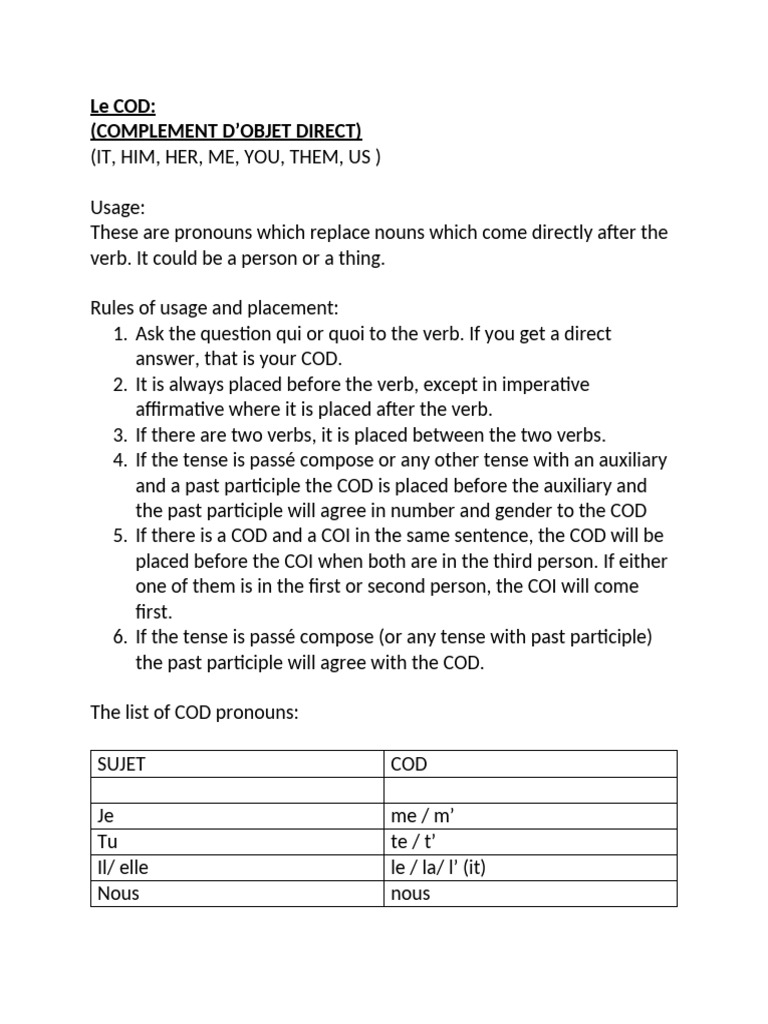 French Direct Object Pronouns Guide | PDF