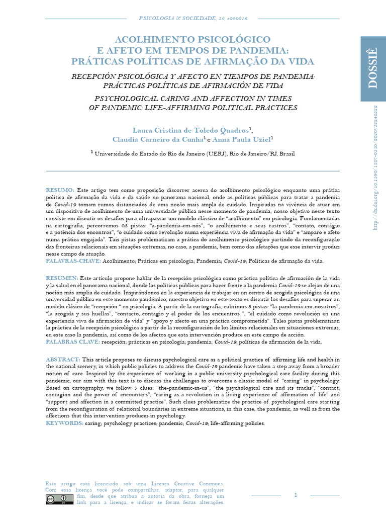 Acolhimento Psicológico e Afeto em Tempos de Pandemia - Práticas ...
