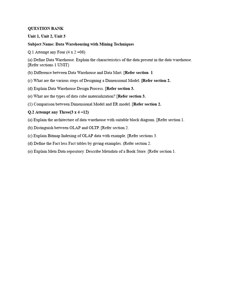 Data Warehousing Question Bank Guide | PDF