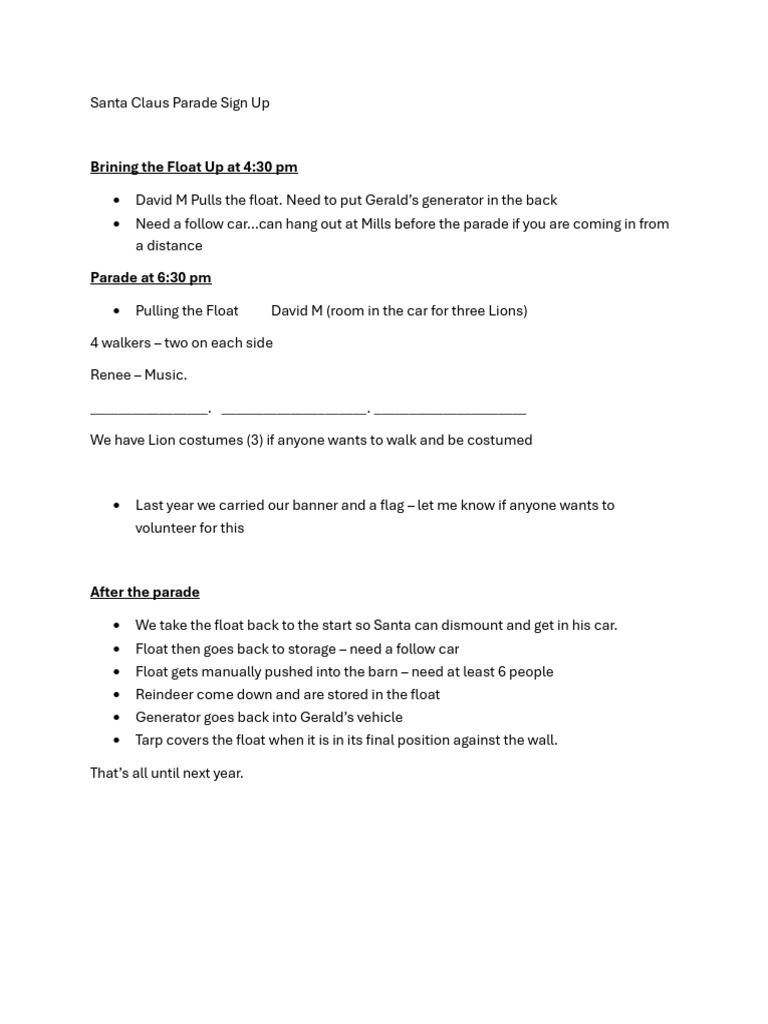 Santa Claus Parade Sign Up | PDF