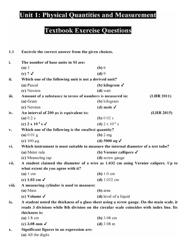 9th Phy Unit 1 Exercise MCQs & SQs | PDF