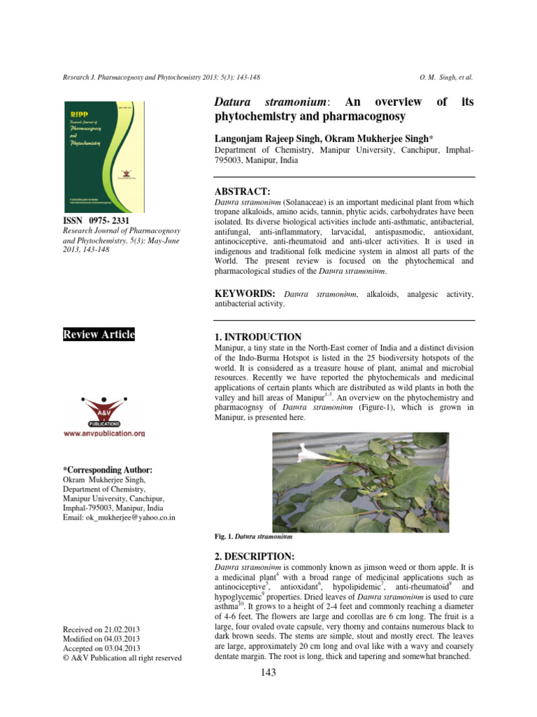Datura Stramonium An Overview of Its Phy | PDF