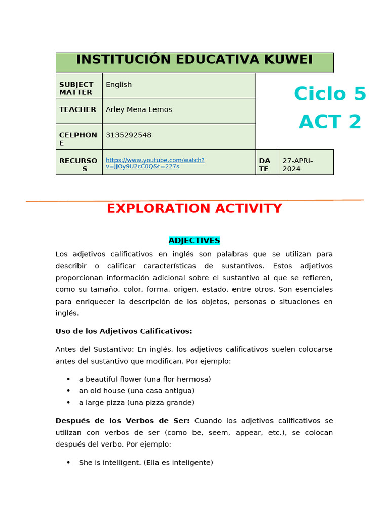 2024 CICLO 5 INGLES ACT 2 ADJECTIVES | PDF