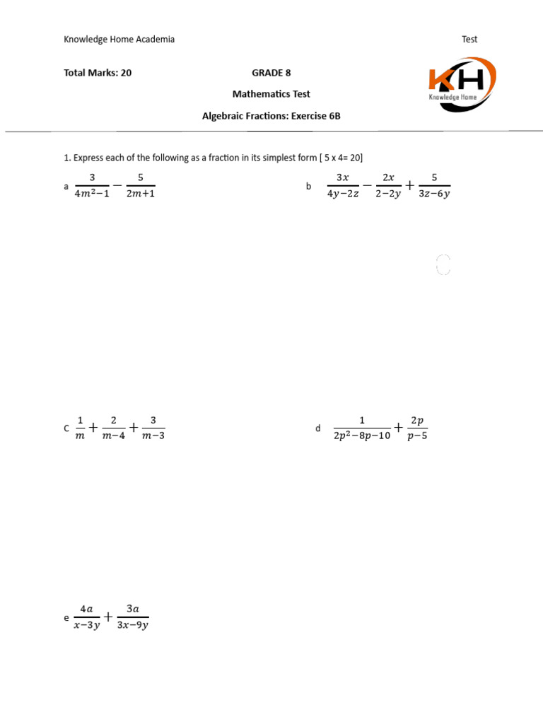 Grade 8 Maths 6b Test Algebraic Fractions | PDF