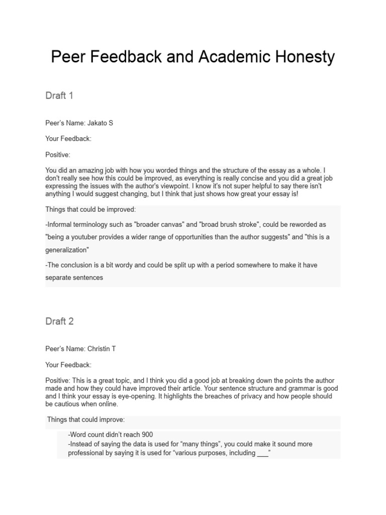 Peer Feedback and Academic Honesty | PDF | Academic Dishonesty | Plagiarism