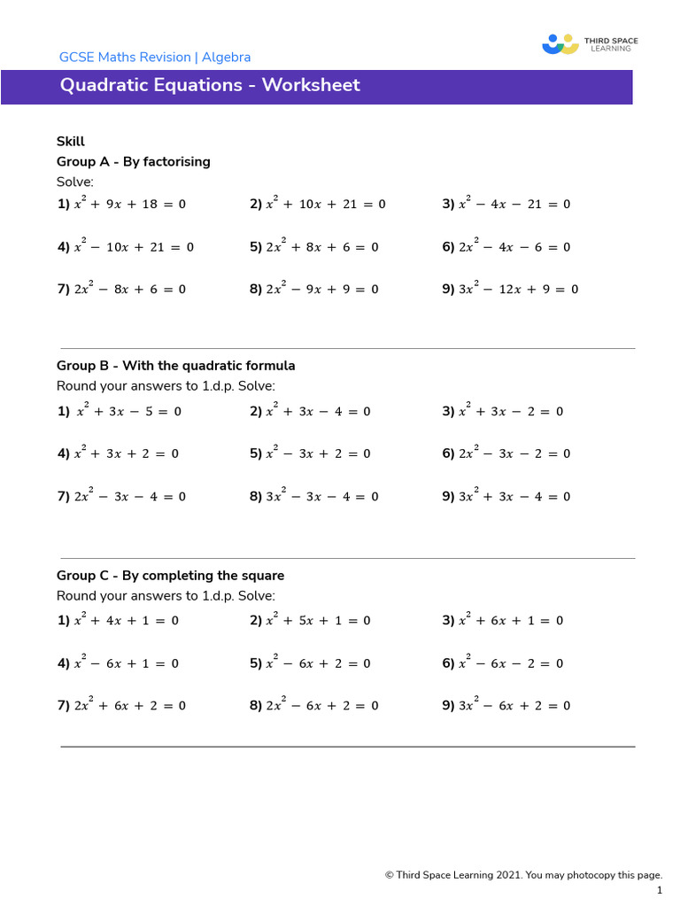 Third Space Learning Quadratic Equations GCSE Worksheet | PDF ...