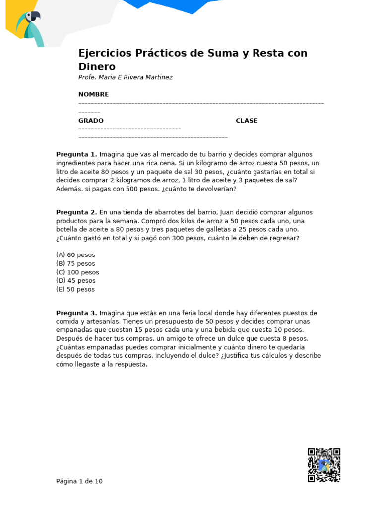 Ejercicios de Suma y Resta con Dinero | PDF | Presupuesto | Kilogramo