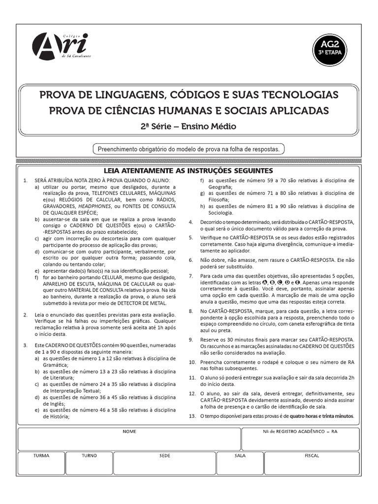 SIMULADO AG2 - LCST E CHST - 2 Série - ARI DE SÁ (2023) | PDF