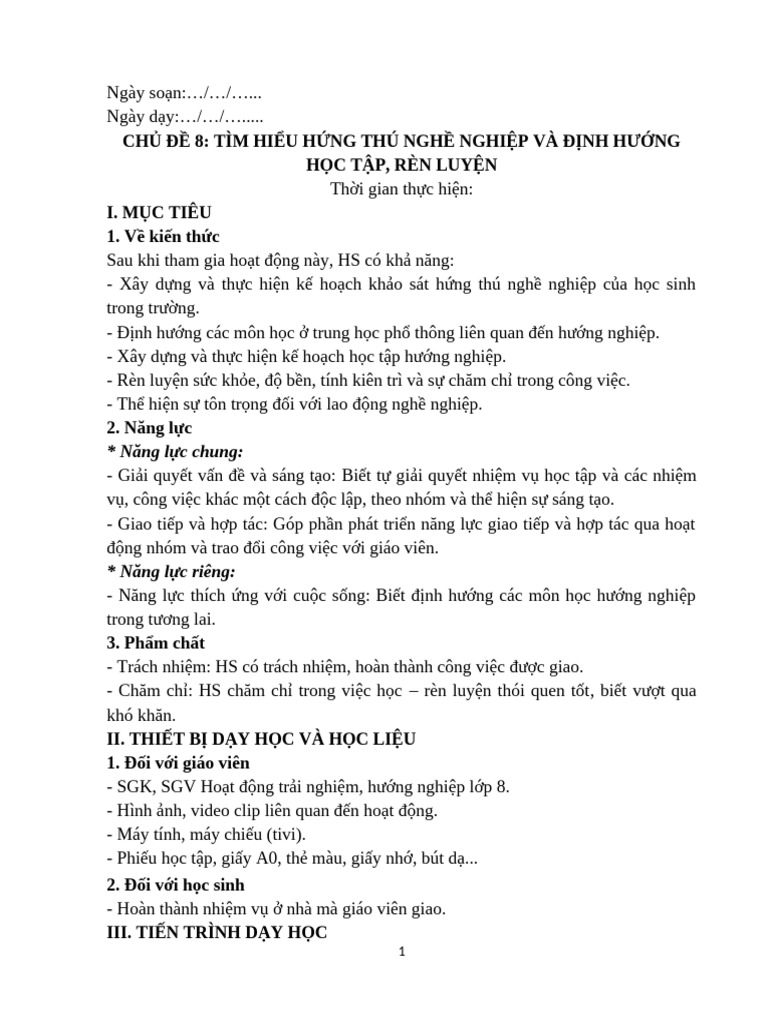 KHDH HĐTN 8 Chủ đề 8 - CTST - Bản 2 - ĐH | PDF