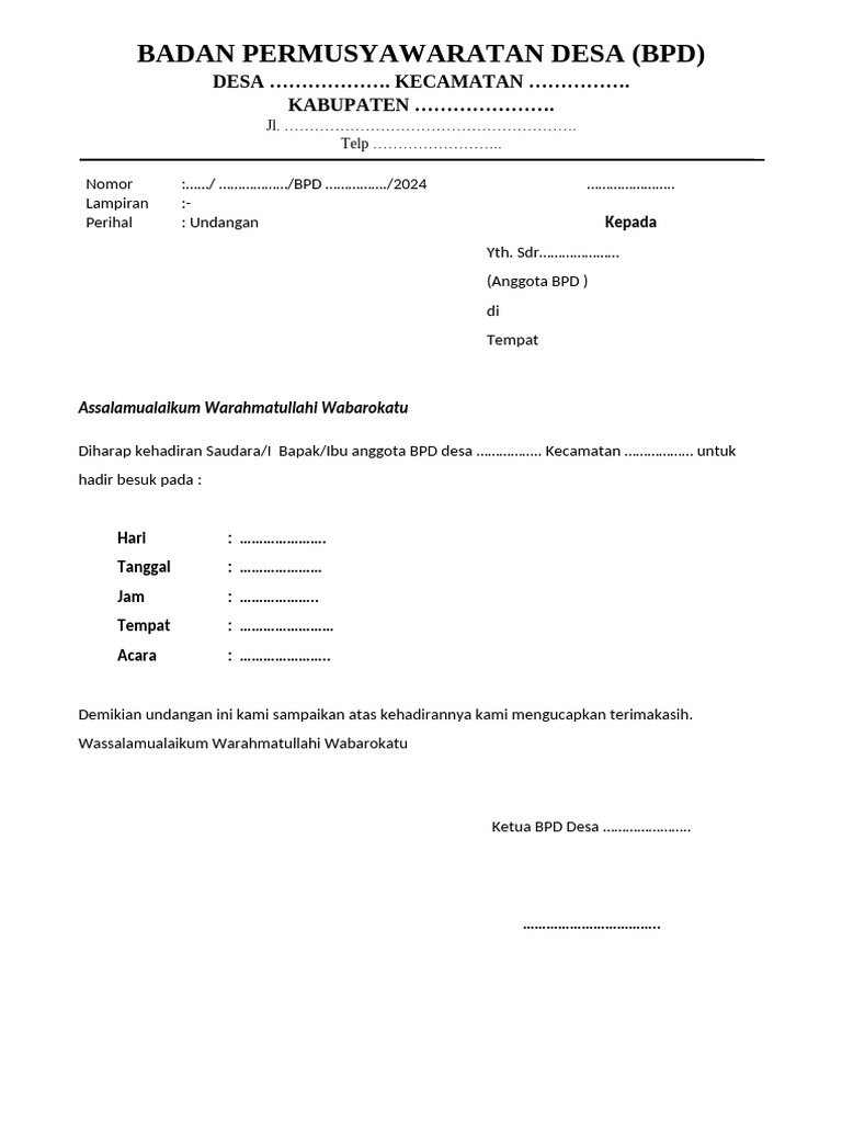 Contoh Undangan Pertamuan Anggota BPD | PDF