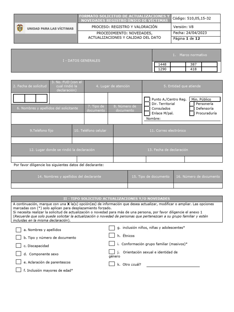 Formato Solicitud de Actualizaciones Y Novedades Registro Único de Víctimas | PDF