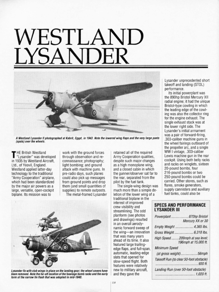 Scale Aircraft Drawings Vol. 2 36 - Westland Lysander | PDF