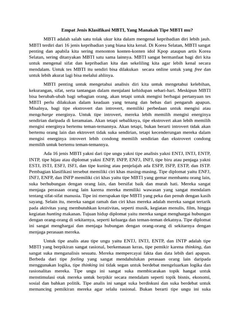 Klasifikasi Tipe MBTI dan Ciri-Cirinya | PDF