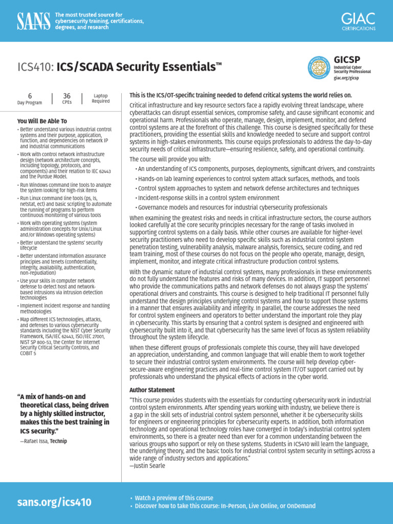 SANS Institute ICS410 Brochure | PDF | Computer Security | Security