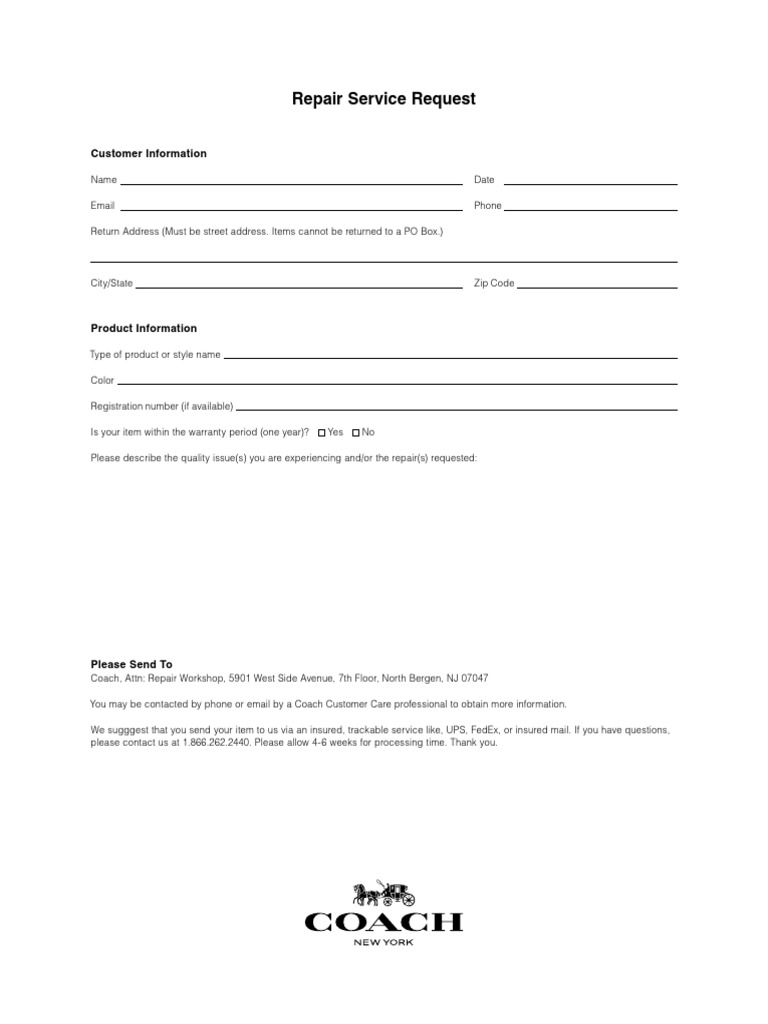 Coach Repair Service Request Form | PDF