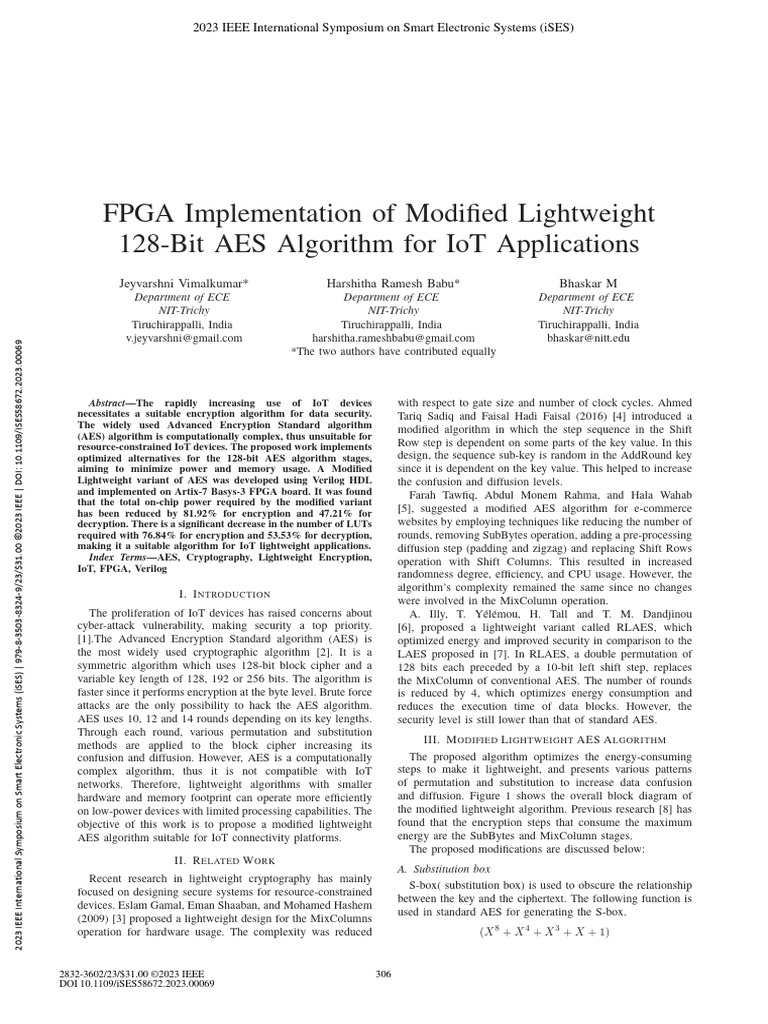FPGA Implementation of Modified Lightweight 128-Bit AES Algorithm For IoT Applications | PDF ...