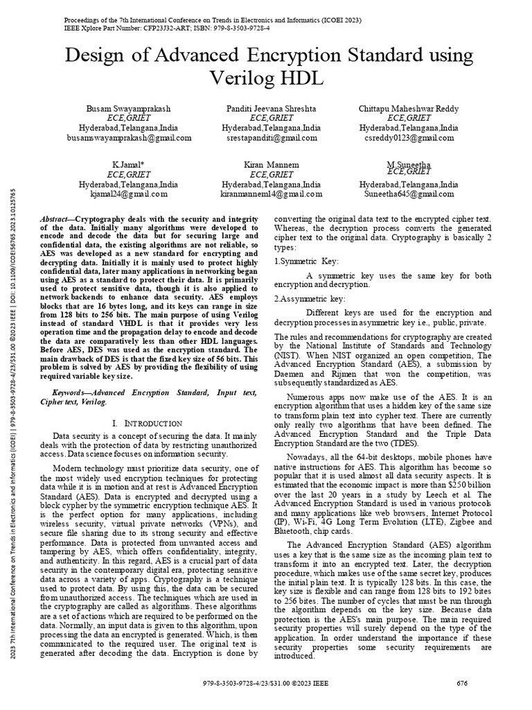 Design of Advanced Encryption Standard Using Verilog HDL | PDF | Encryption | Key (Cryptography)