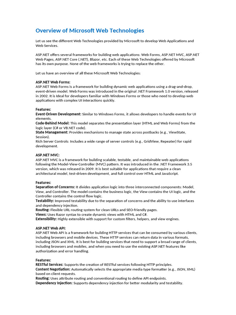 Overview of Microsoft Web Technologies | PDF | World Wide Web | Internet & Web
