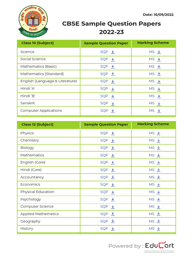 CBSE Official Sample Papers 2022-23 | PDF