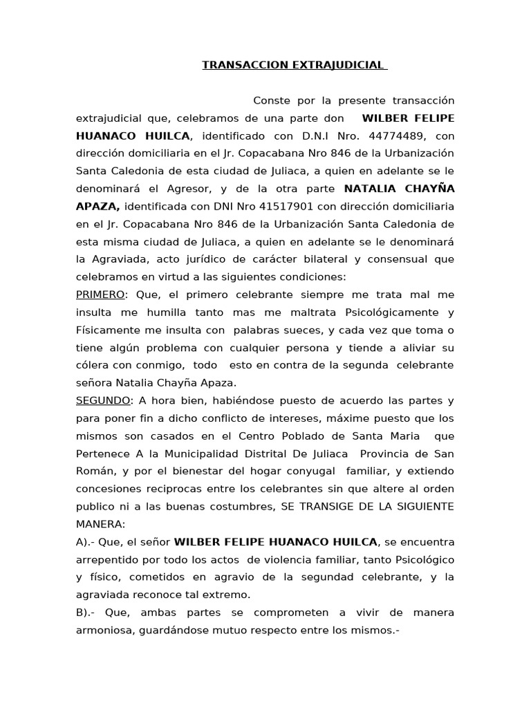 Transaccion Extrajudicial | PDF | Violencia doméstica | Violencia
