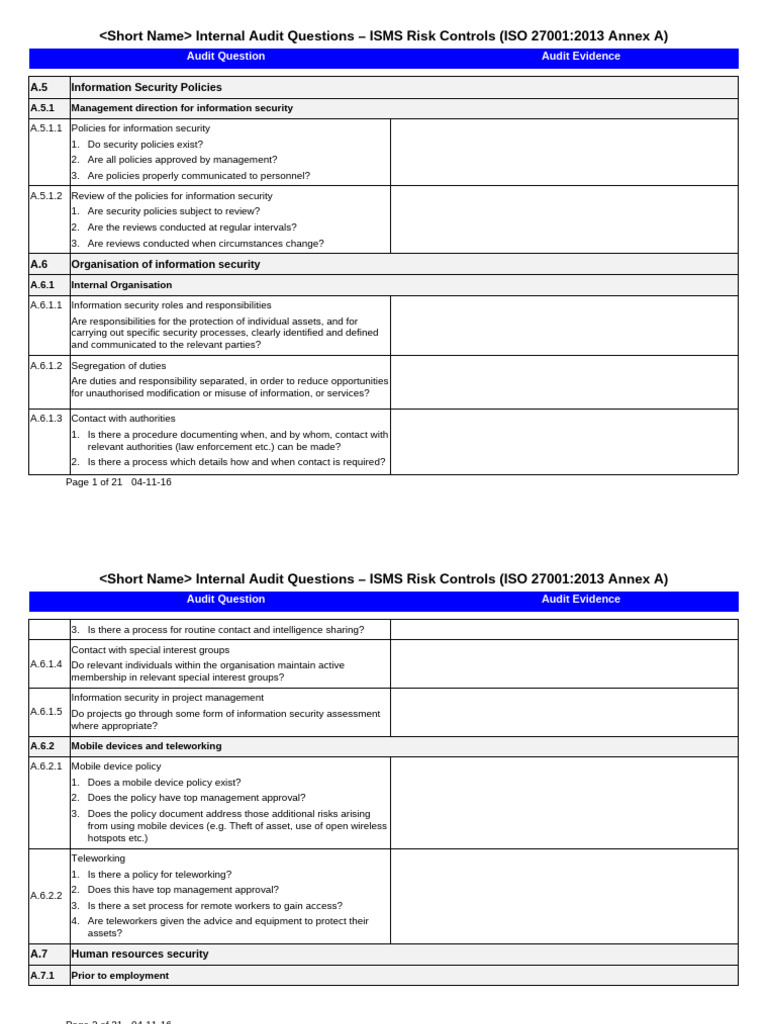 Internal Audit Checklist Questions ISMS Controls | PDF | Information ...