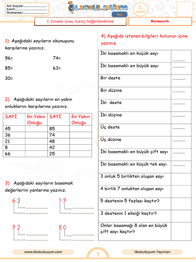 4) Aşağıda Istenen Bilgileri Kutunun Içine Yazınız. 1) : 1. Dönem Sonu ...