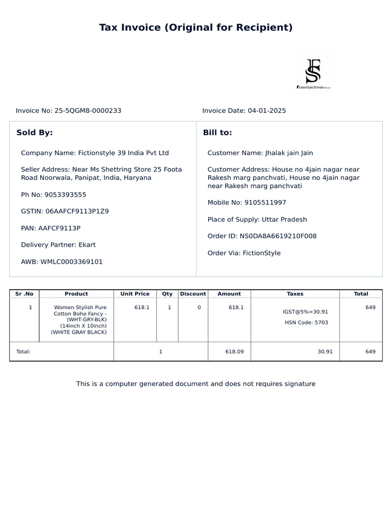 Tax Invoice (Original For Recipient) : Sold By: Bill To | PDF