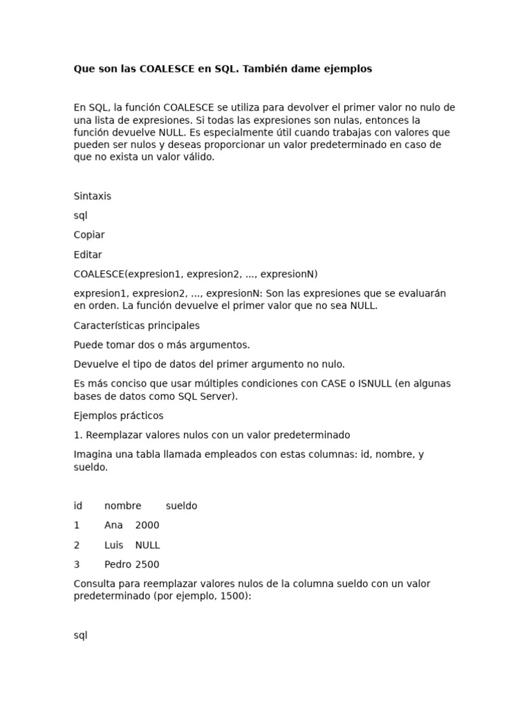 05 Que Son Las COALESCE en SQL | PDF | SQL | Gestión de datos