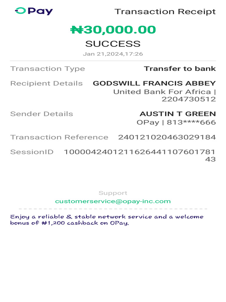 Successful Transaction Receipt - OPay | PDF