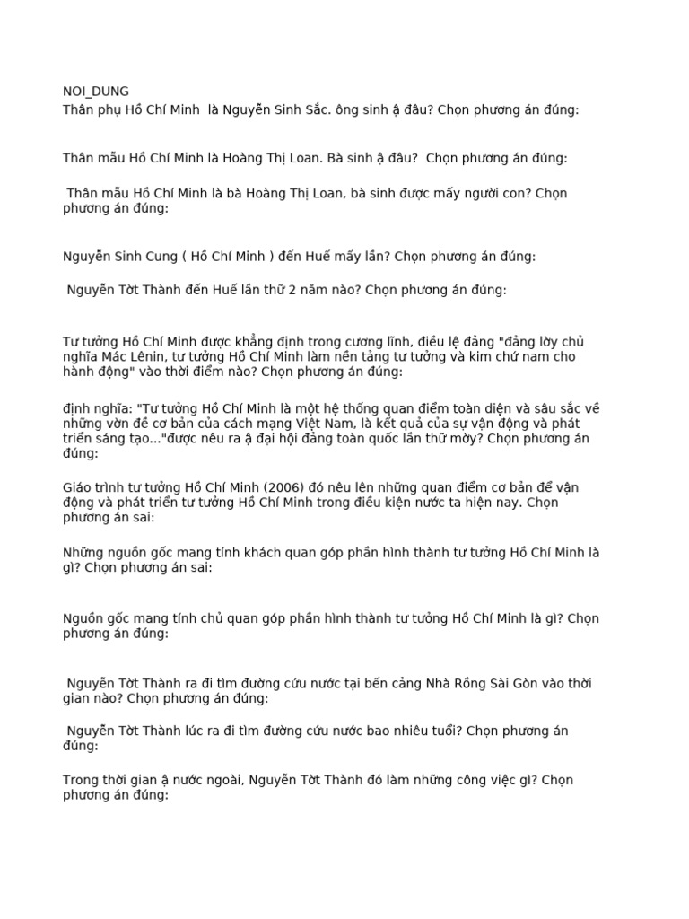Ngan Hang Cau Hoi Trac Nghiem Tu Tuong HCM Co Dap An | PDF