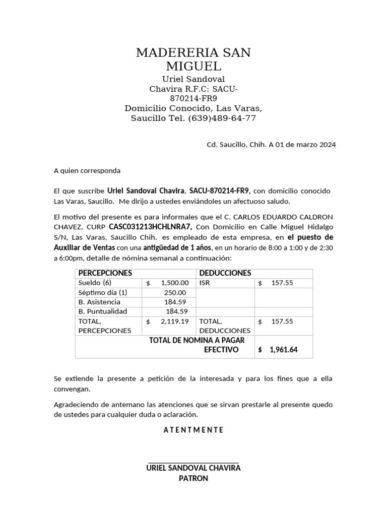 Madereria San Miguel Carta de Trabajo | PDF