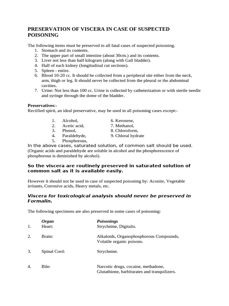 Preservation of Viscera in Case of Suspected Poisoning 12 | PDF | Autopsy