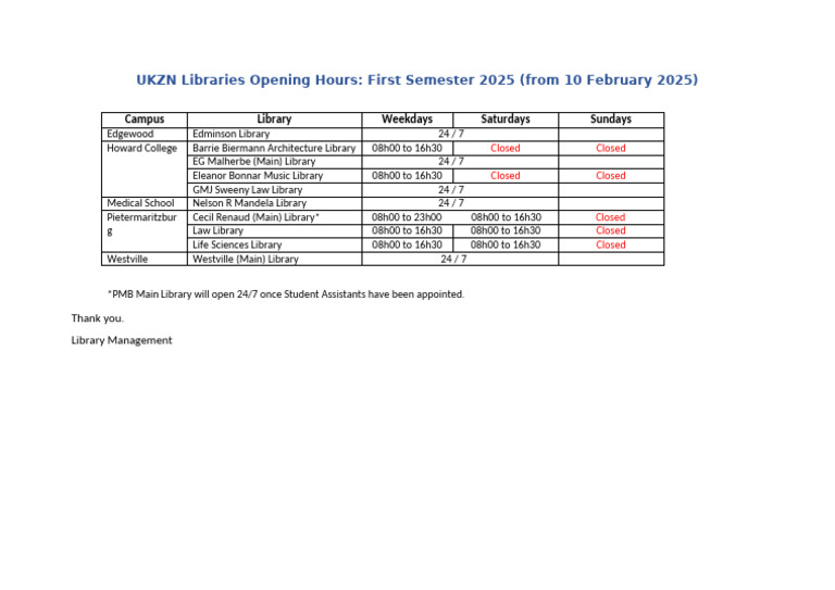 UKZN Libraries Opening Hours - 1st semester 2025 | PDF