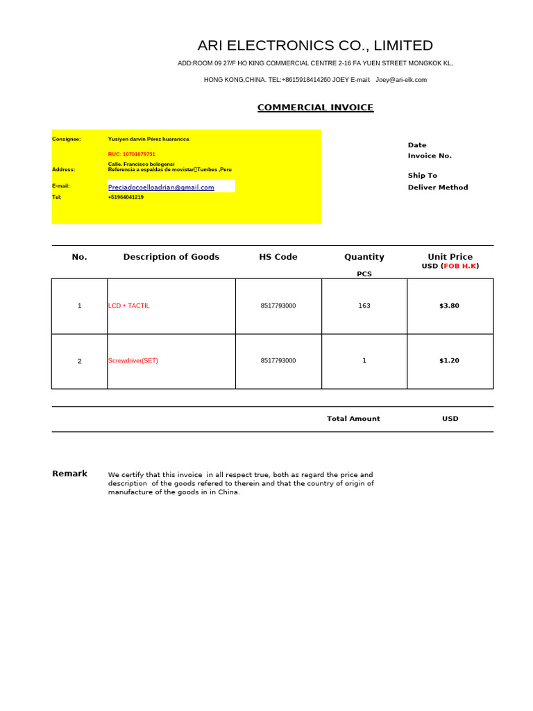 Commercial Invoice for ARI Electronics | PDF | Business Documents