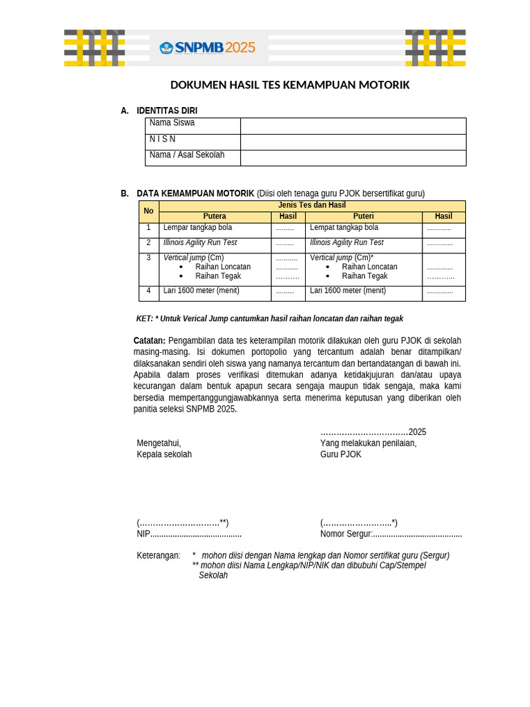 Template Hasil Tes Keterampilan Motorik (Porto Olahraga 2025) | PDF