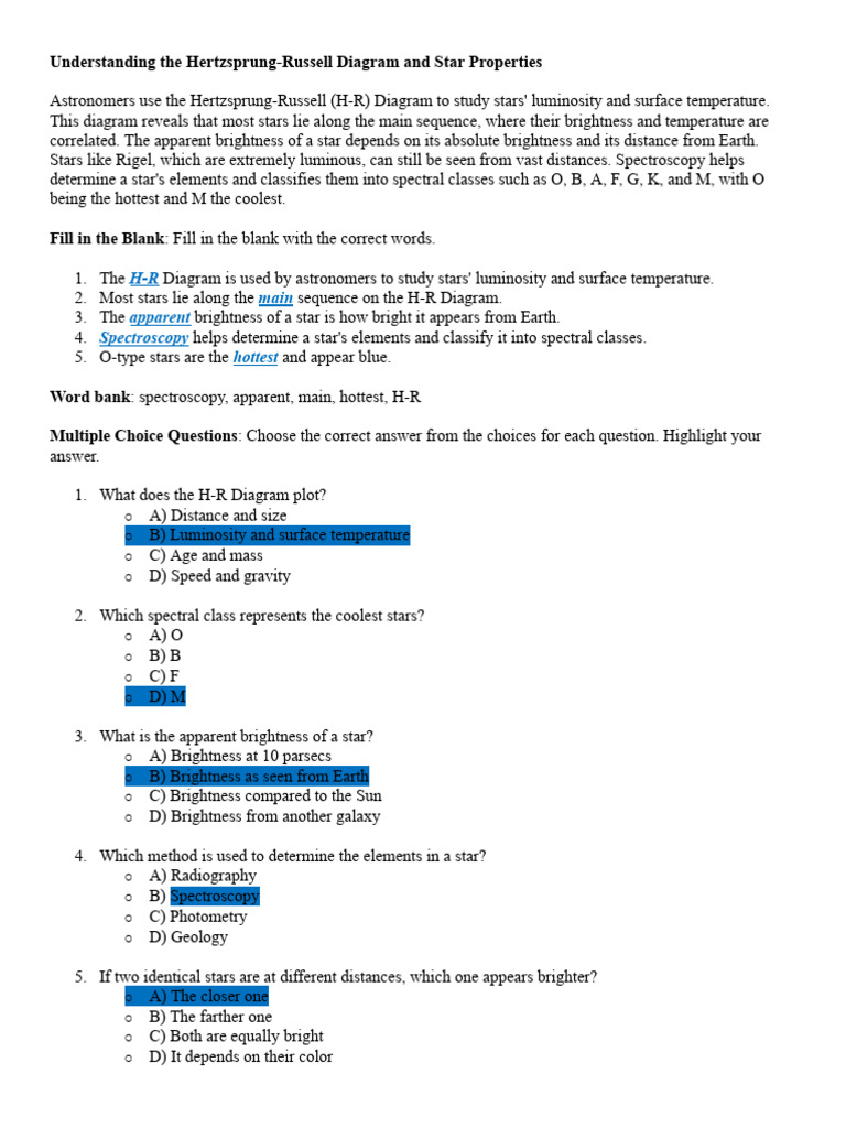 5 Star Properties & The HR Diagram - Worksheet | PDF | Stars | Astronomy